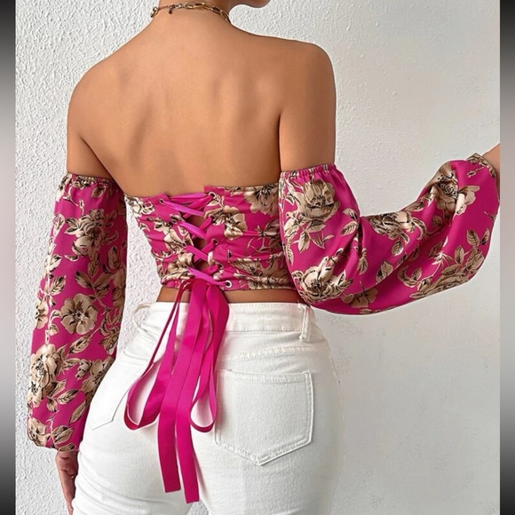 Tops | Boho Green Floral Print Lace Up Back Satin Bustier Corset Tube ...